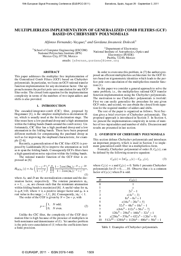 (PDF) Multiplierless Implementation of Generalized Comb Filters (GCF) Based on Chebyshev Polynomials