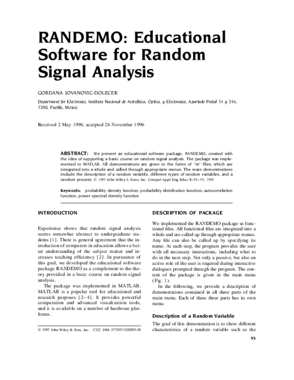 (PDF) RANDEMO: Educational software for random signal analysis