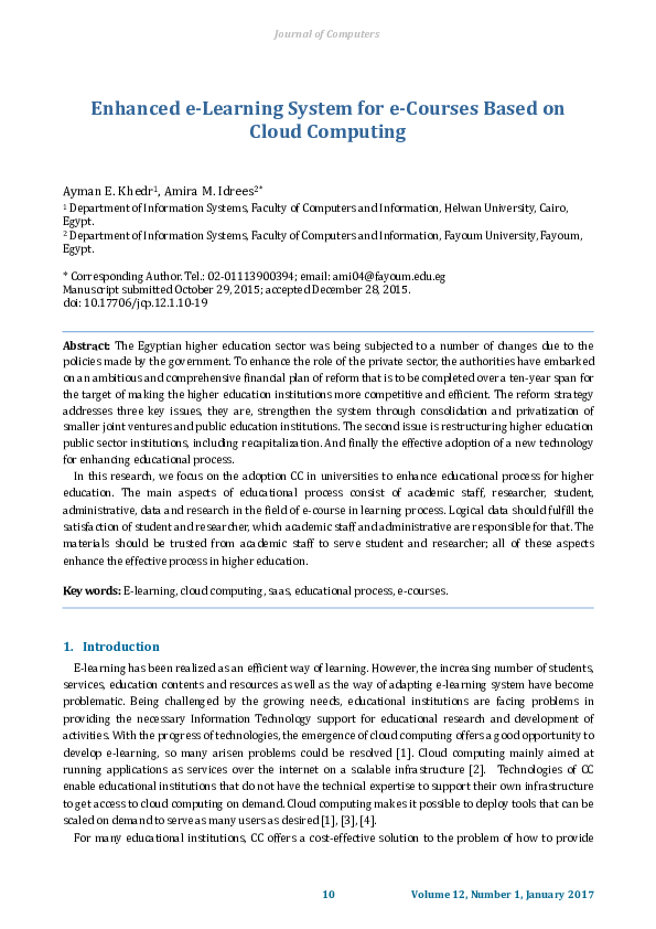 (PDF) Enhanced e-Learning System for e-Courses Based on Cloud Computing