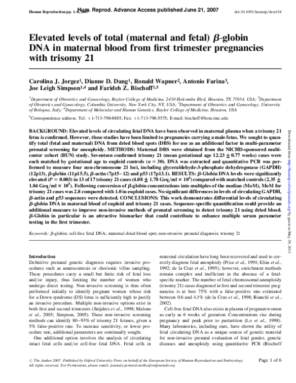 (PDF) Elevated levels of total (maternal and fetal) β-globin DNA in ...