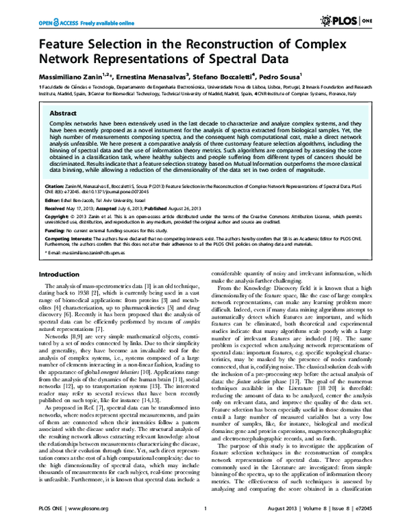 (PDF) Feature Selection in the Reconstruction of Complex Network Representations of Spectral ...