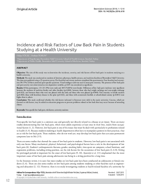 (PDF) Incidence and Risk Factors of Low Back Pain in Students Studying ...