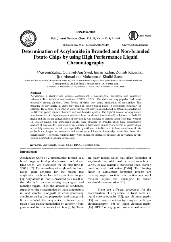 (PDF) Determination of Acrylamide in Branded and Non-branded Potato ...
