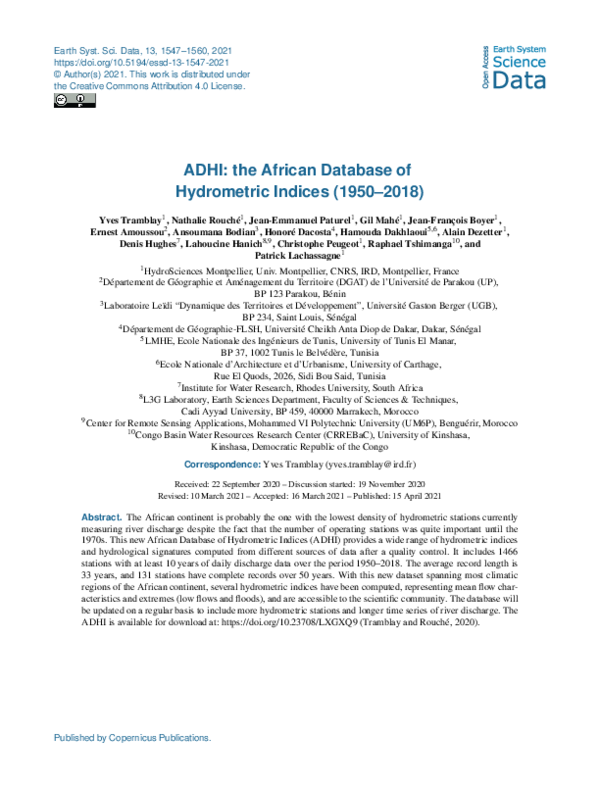 (PDF) ADHI: the African Database of Hydrometric Indices (1950–2018)