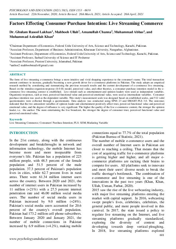 (PDF) Factors Effecting Consumer Purchase Intention: Live Streaming Commerce