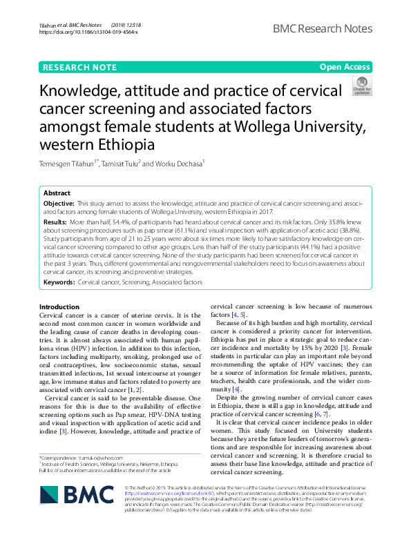 (PDF) Knowledge, attitude and practice of cervical cancer screening and associated factors ...