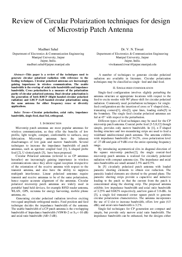 (PDF) Review of Circular Polarization techniques for design of Microstrip Patch Antenna