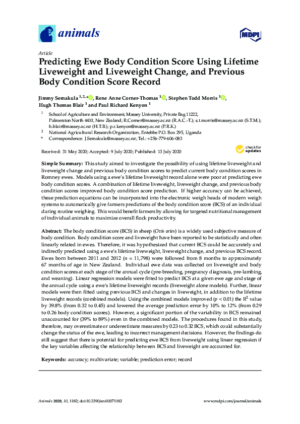 (PDF) Predicting Ewe Body Condition Score Using Lifetime Liveweight and ...
