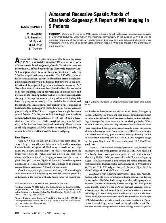 (PDF) Autosomal Recessive Spastic Ataxia of Charlevoix-Saguenay: A Report of MR Imaging in 5 ...