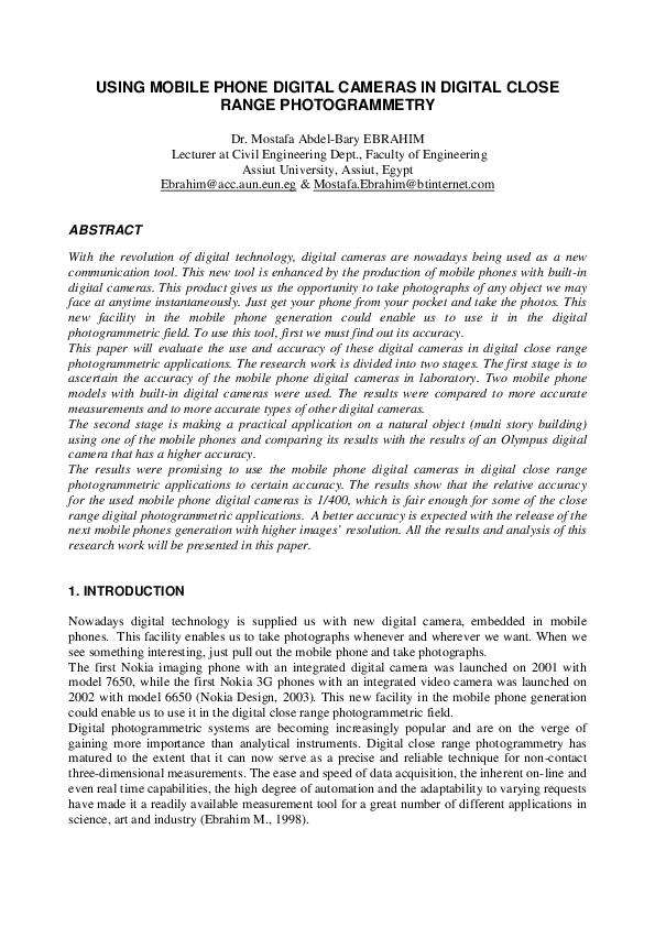 (PDF) Using mobile phone digital cameras in digital close range photogrammetry