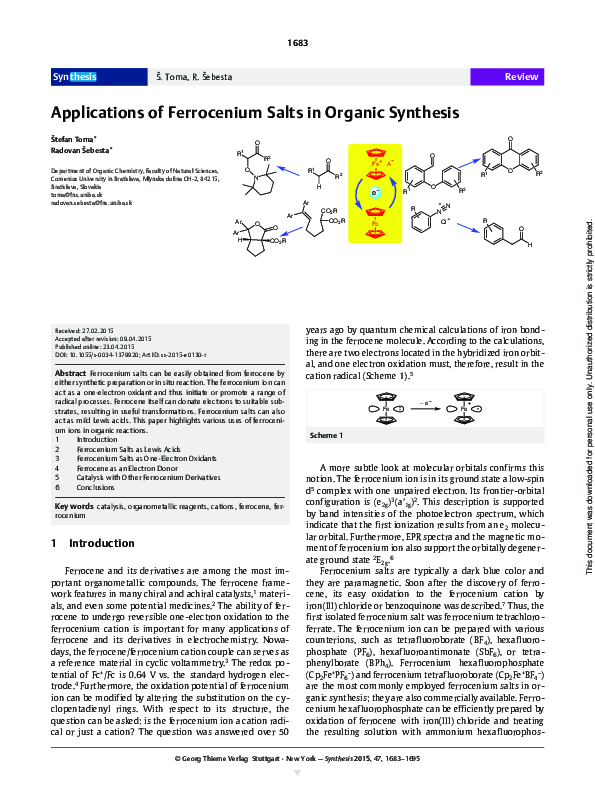 (PDF) Applications of Ferrocenium Salts in Organic Synthesis
