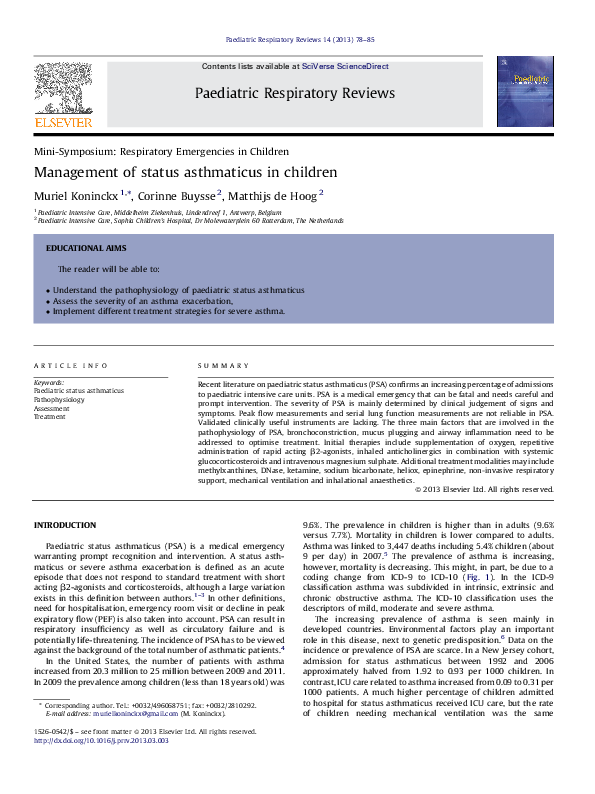 (PDF) Management of status asthmaticus in children