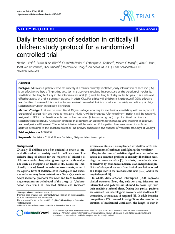 (PDF) Daily interruption of sedation in critically ill children: study ...