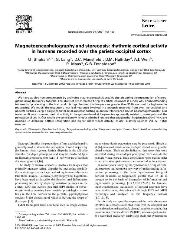 (PDF) Magnetoencephalography and stereopsis: rhythmic cortical activity ...