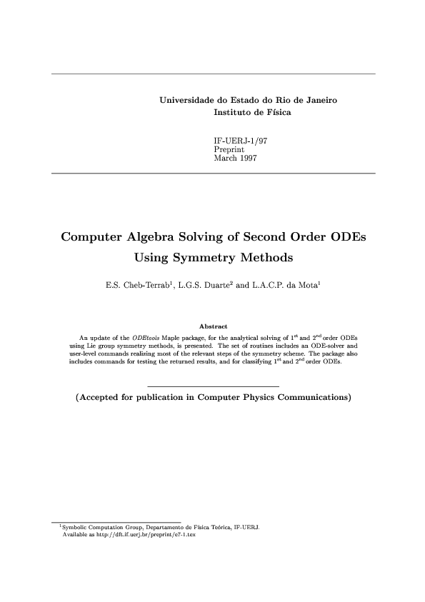Pdf Computer Algebra Solving Of Second Order Odes Using Symmetry Methods