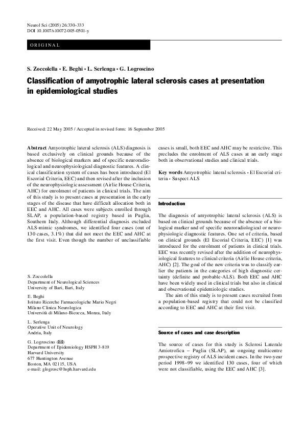 (PDF) Classification of amyotrophic lateral sclerosis cases at presentation in epidemiological ...