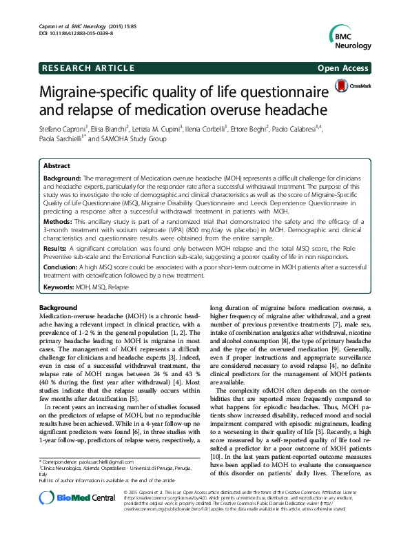 (PDF) Migraine-specific quality of life questionnaire and relapse of ...