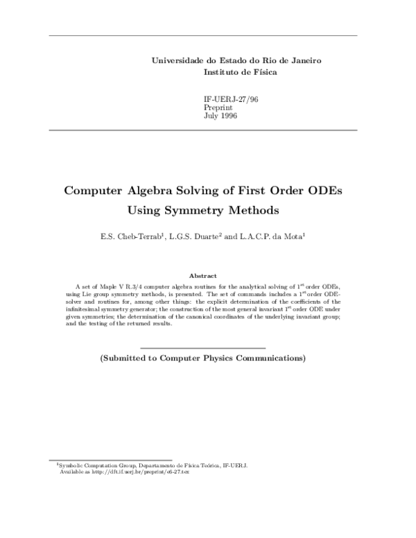 Pdf Computer Algebra Solving Of First Order Odes Using Symmetry Methods