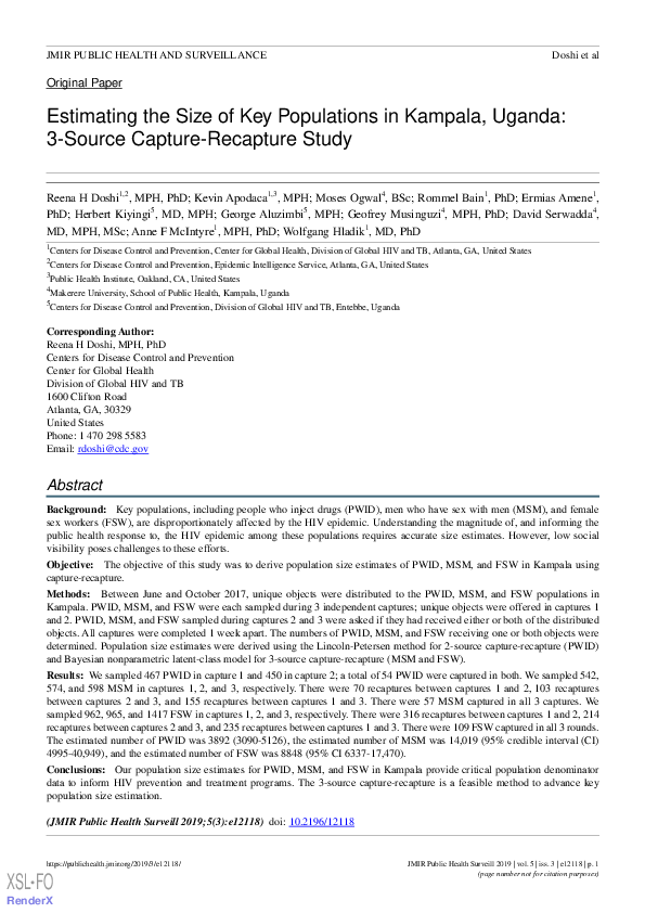 Pdf Estimating The Population Size Of Key Populations In Kampala Uganda Using Capture