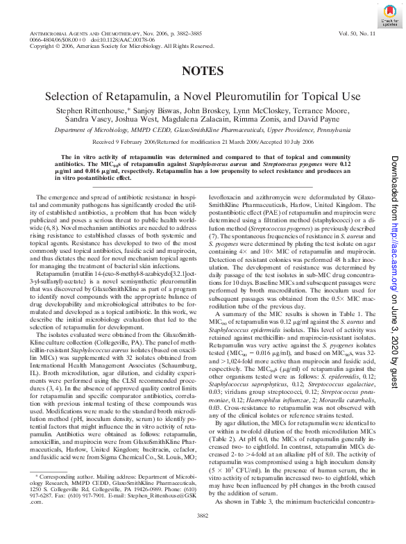 (PDF) Selection of retapamulin, a novel pleuromutilin for topical use