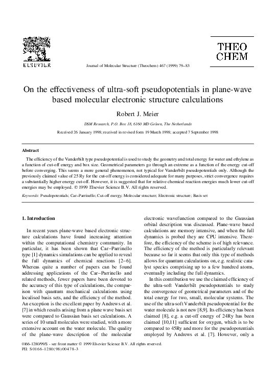 Pdf On The Effectiveness Of Ultra Soft Pseudopotentials In Plane Wave Based Molecular