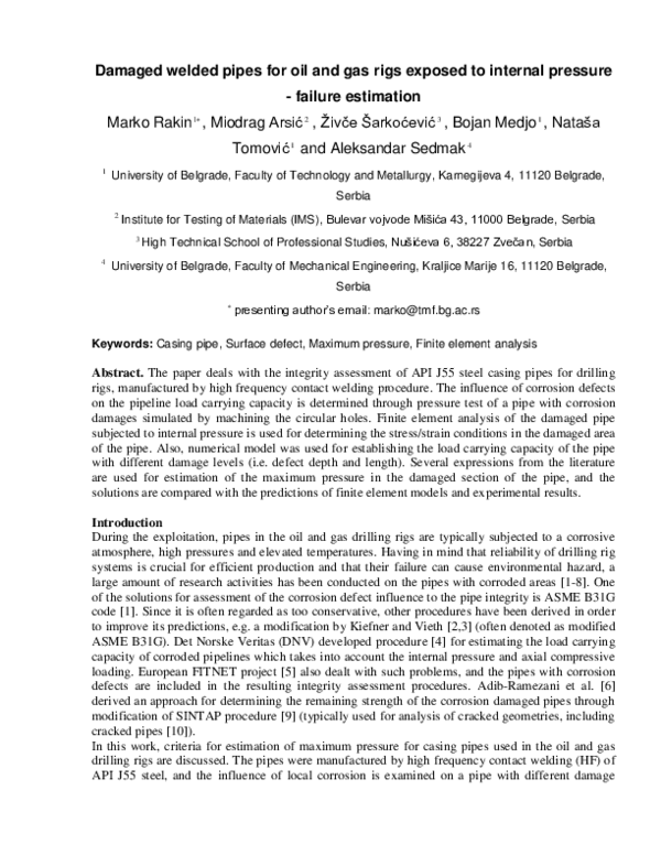 (PDF) Damaged welded pipes for oil and gas rigs exposed to internal ...
