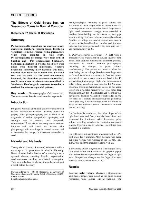 (PDF) The effects of cold stress test on vasomotor tonus in normal controls