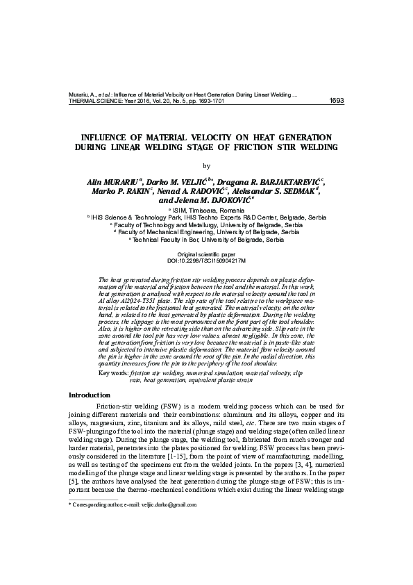 (PDF) Influence of material velocity on heat generation during linear ...