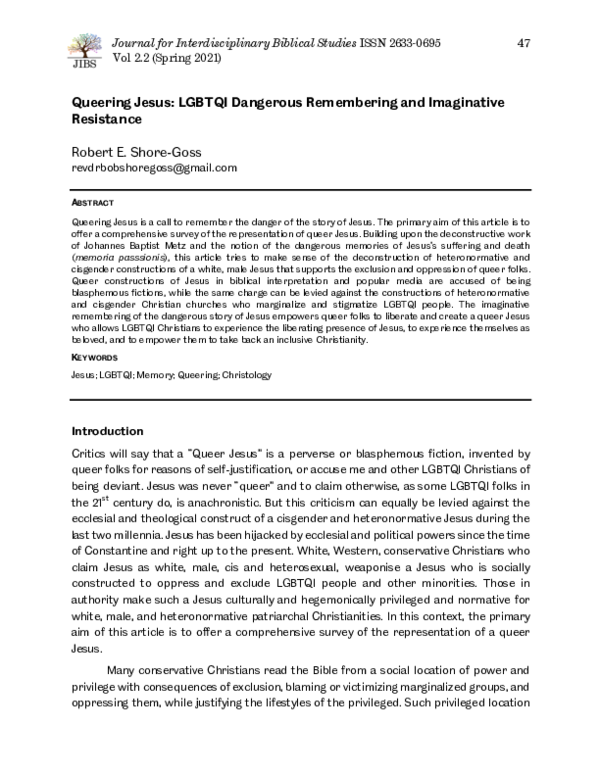 (PDF) Queering Jesus: LGBTQI Dangerous Remembering and Imaginative Resistance