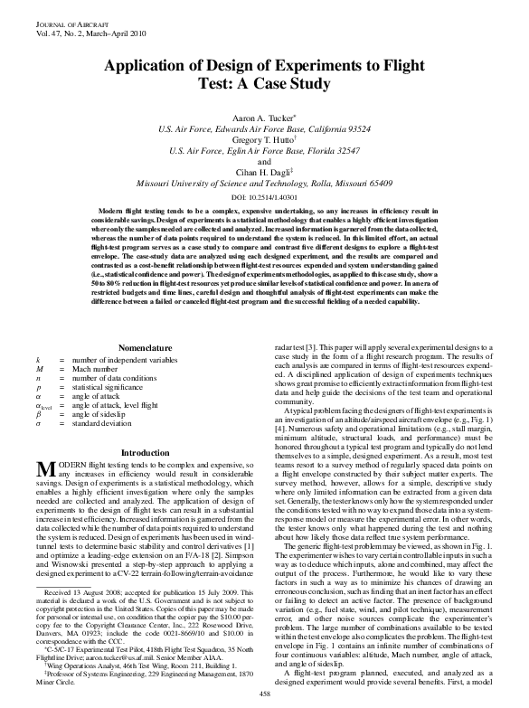 (PDF) Application of Design of Experiments to Flight Test: A Case Study