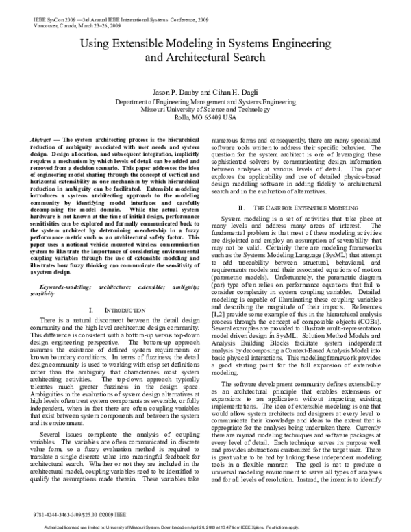 (PDF) Using extensible modeling in systems engineering and architectural search