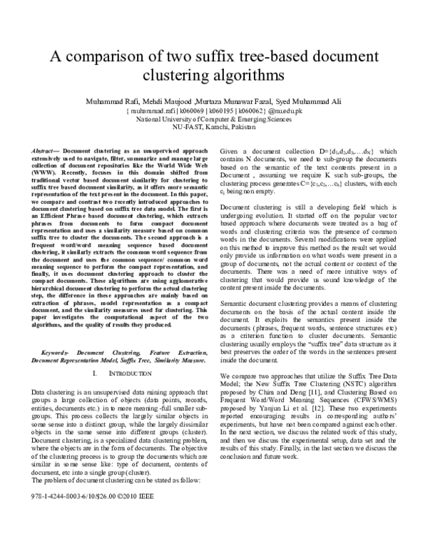 Pdf A Comparison Of Two Suffix Tree Based Document Clustering Algorithms