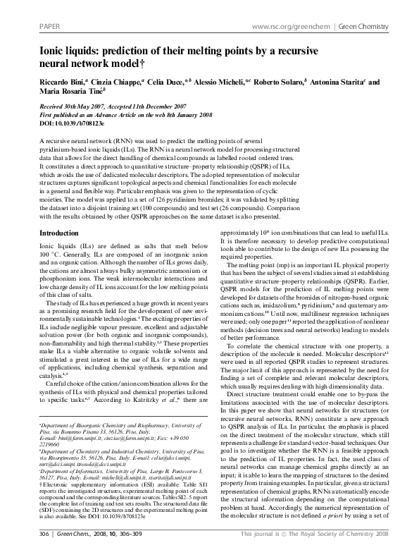 (PDF) Ionic liquids: prediction of their melting points by a recursive neural network model
