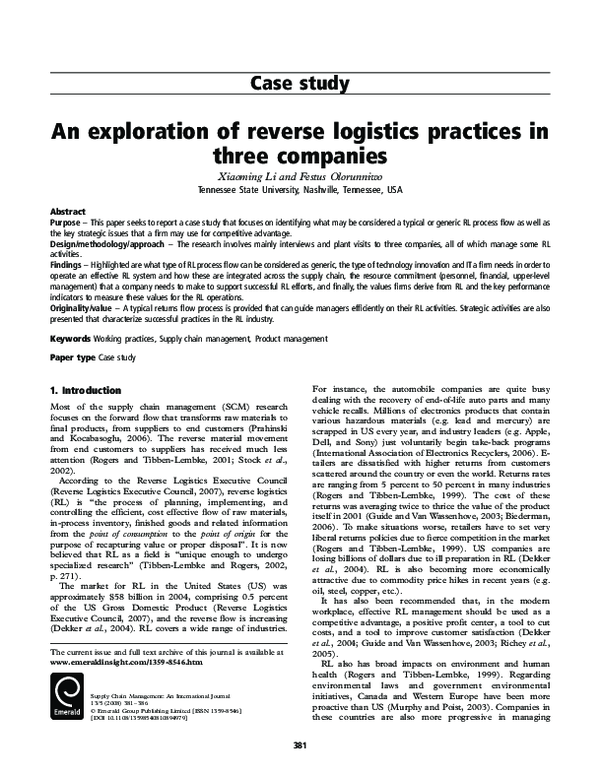 (PDF) An exploration of reverse logistics practices in three companies