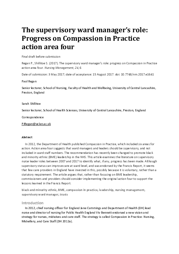 (PDF) The supervisory ward manager’s role: progress on Compassion in ...
