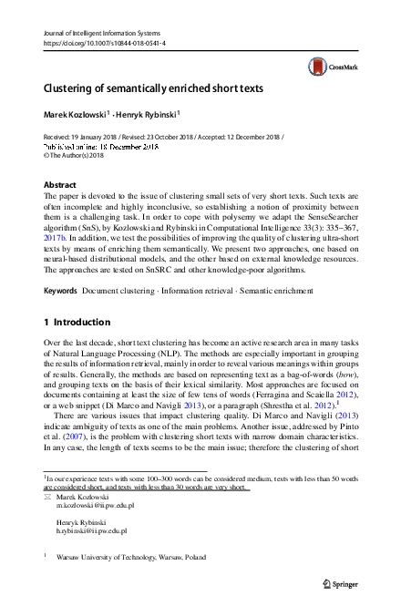 (PDF) Clustering of semantically enriched short texts