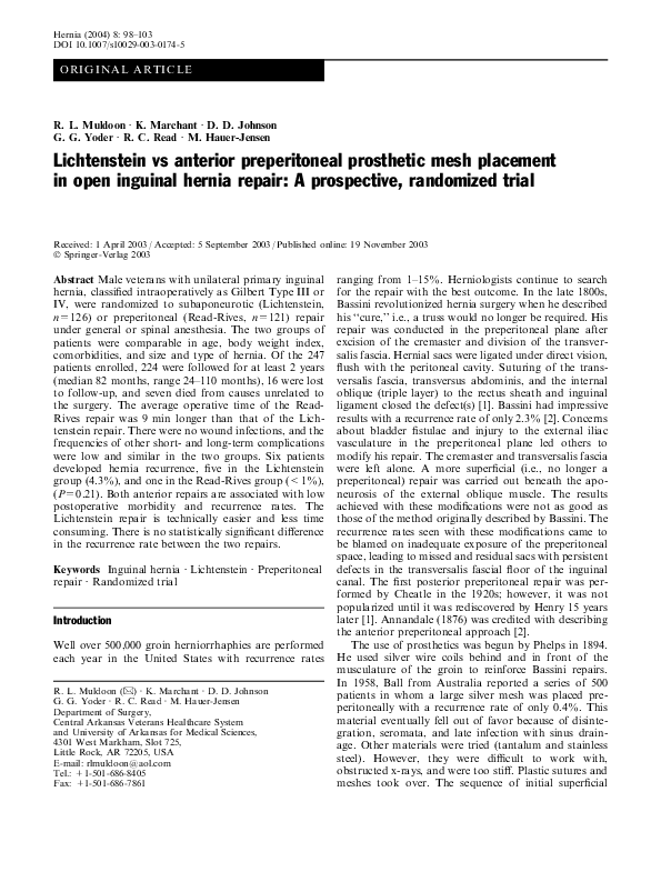 (PDF) Lichtenstein vs anterior preperitoneal prosthetic mesh placement in open inguinal hernia ...