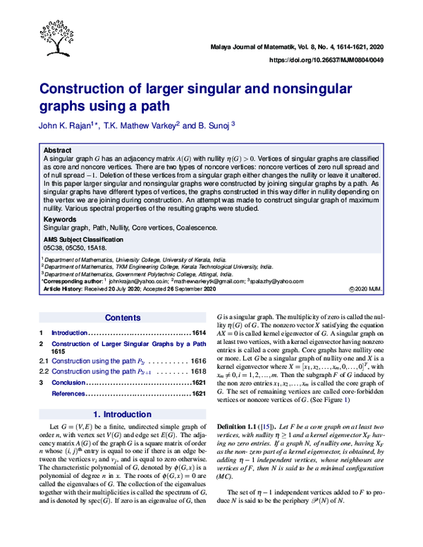 (PDF) Construction of larger singular and nonsingular graphs using a path