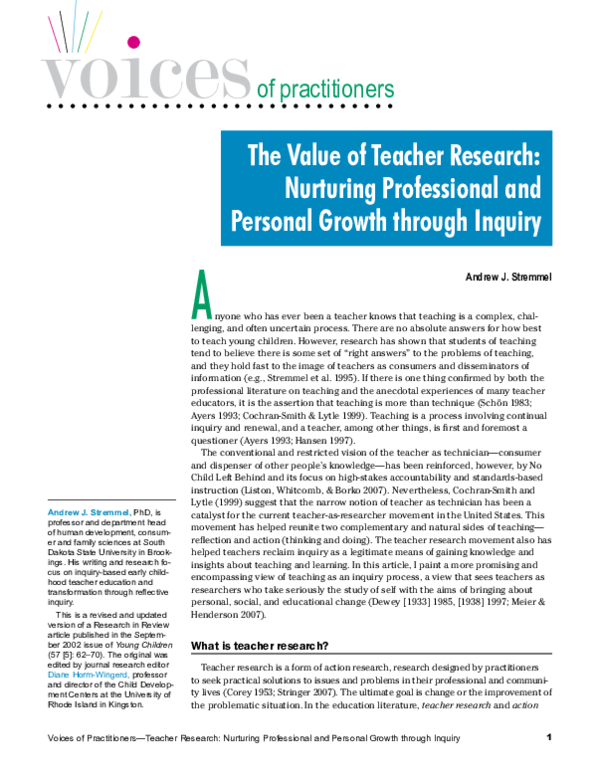 (PDF) The Value of Teacher Research: Nurturing Professional and ...
