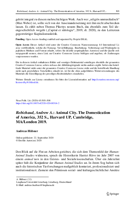 (PDF) Robichaud, Andrew A.: Animal City. The Domestication of America ...