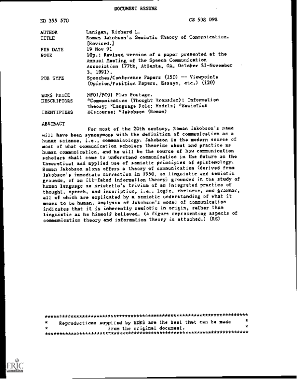 (PDF) Roman Jakobson's Semiotic Theory of Communication. [Revised.]