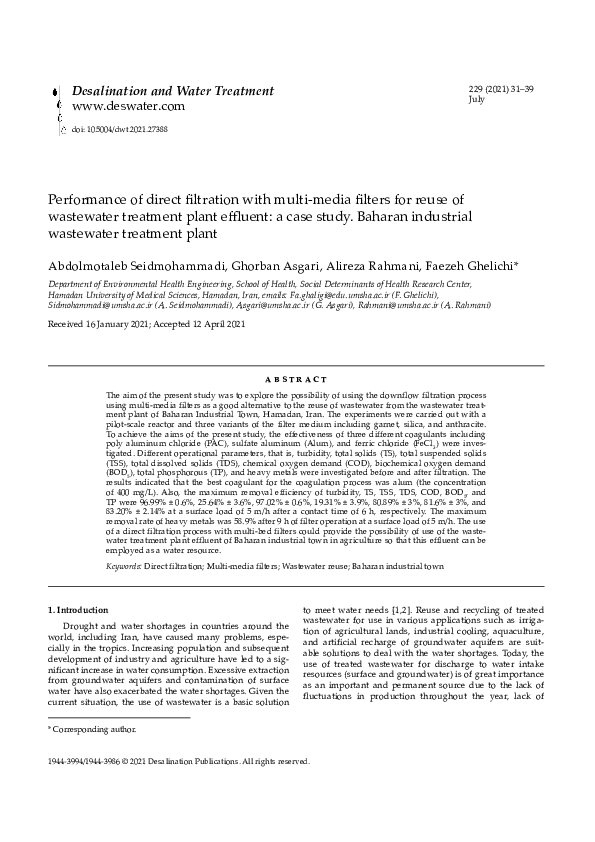(PDF) Performance of direct filtration with multi-media filters for ...