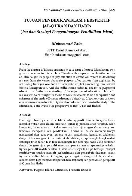 (PDF) TUJUAN PENDIDIKAN PERSPEKTIF AL-QURAN DAN HADITS (Isu Dan Strategi Pengembangan Pendidikan ...