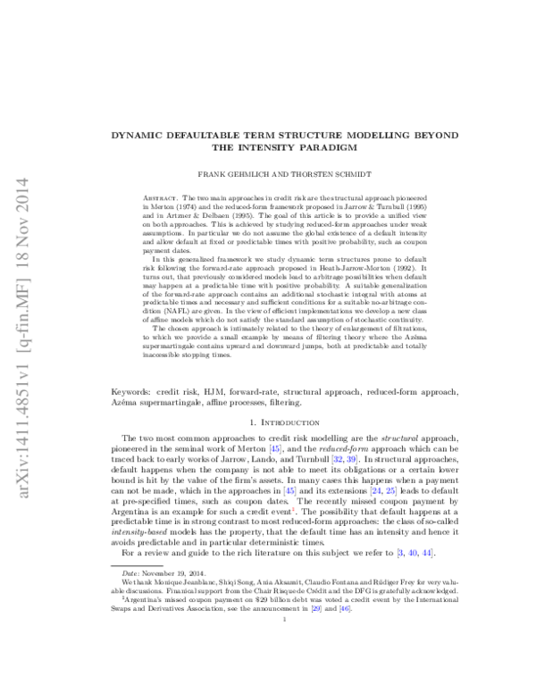 (PDF) Dynamic Defaultable Term Structure Modelling beyond the Intensity Paradigm