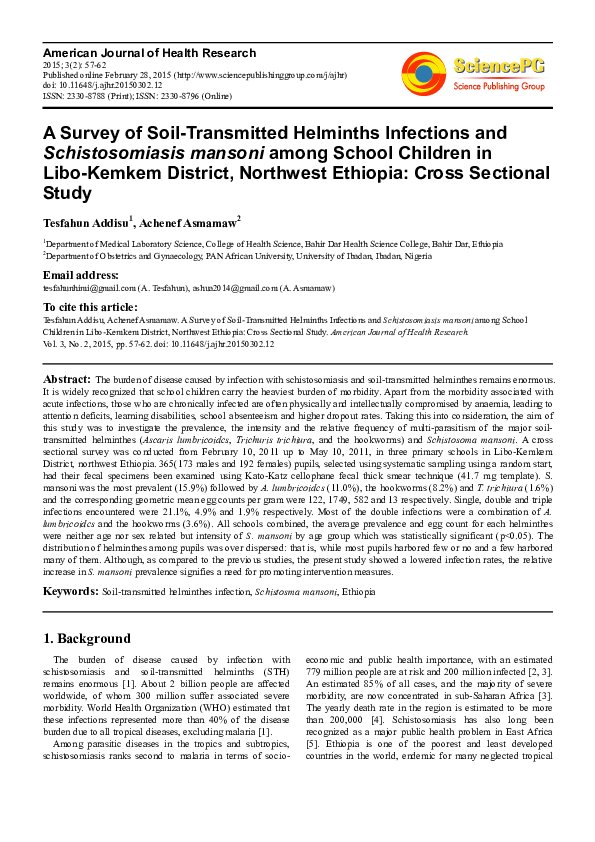 (PDF) A Survey of Soil-Transmitted Helminths Infections and Schistosomiasis mansoni among School ...