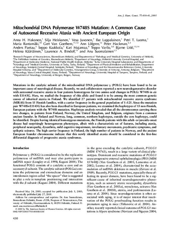 (PDF) Mitochondrial DNA Polymerase W748S Mutation: A Common Cause of Autosomal Recessive Ataxia ...