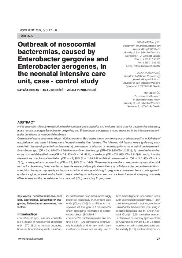 (PDF) Outbreak of nosocomial bacteremias, caused by Enterobacter ...