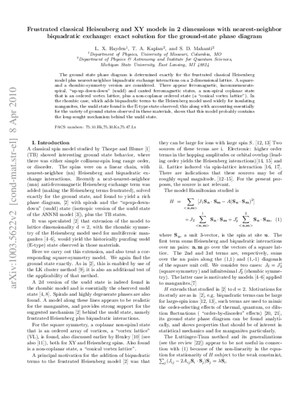 (PDF) Frustrated Classical Heisenberg and XY Models in Two Dimensions ...