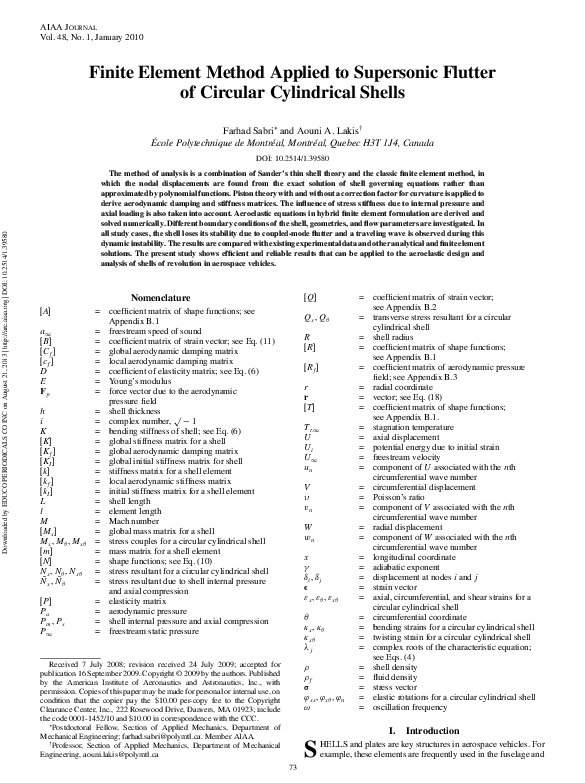 Pdf Finite Element Method Applied To Supersonic Flutter Of Circular Cylindrical Shells