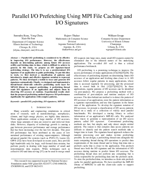 (PDF) Parallel I/O prefetching using MPI file caching and I/O signatures